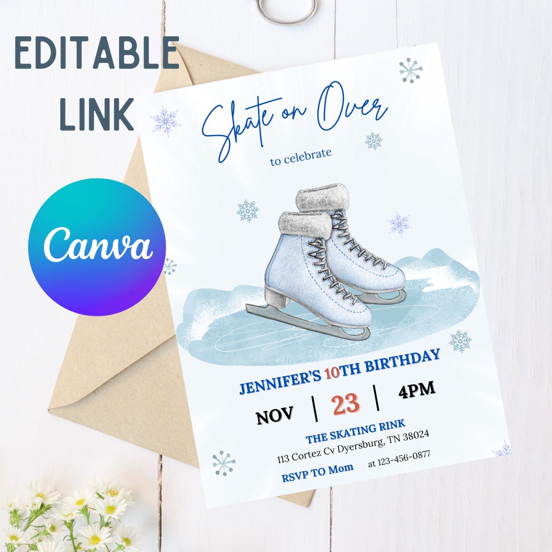 Editable Ice Skating Birthday Invitation | Editable Canva Template ...