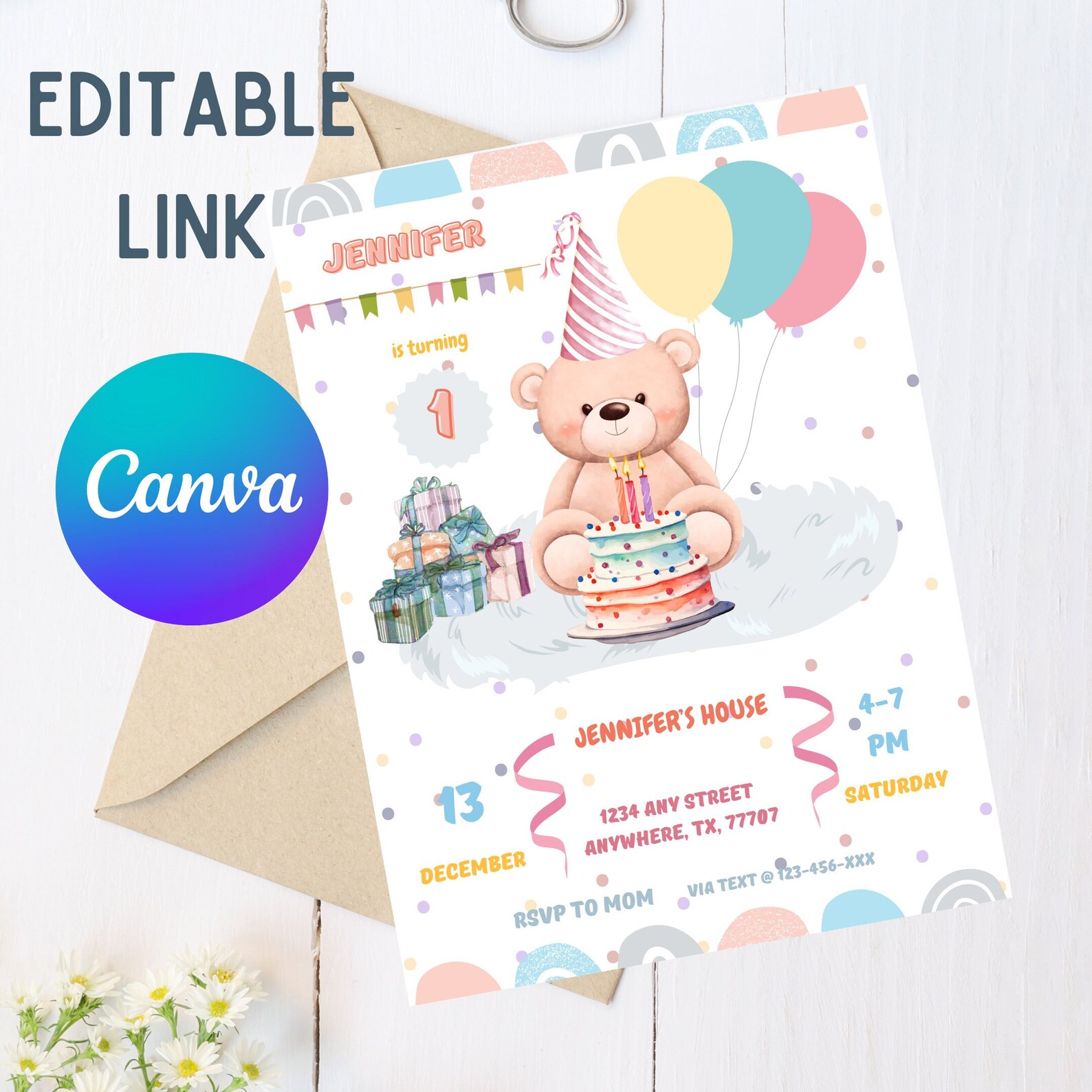 Customizable Birthday Invitation-bear Theme Party Invite - Editable ...