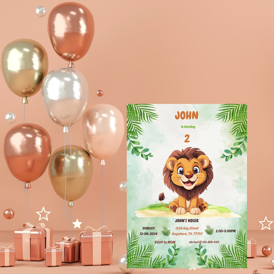 Customizable Birthday Invitation Cute Lion Theme Party Invite Editable ...