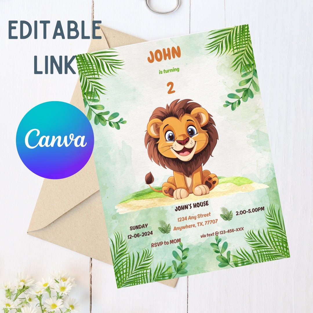Customizable Birthday Invitation - Cute Lion Theme Party Invite ...