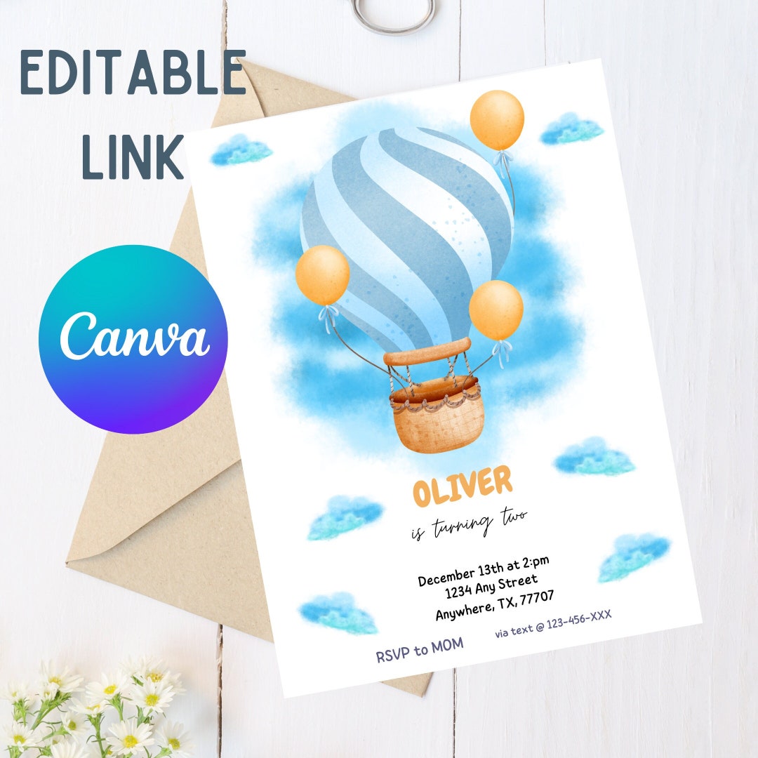 Customizable Birthday Invitation - Hot Air Balloon Theme Party Invite ...