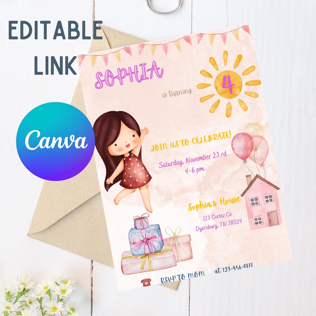 Editable Canva Girl Birthday Invitation - Cute Watercolor Design With ...