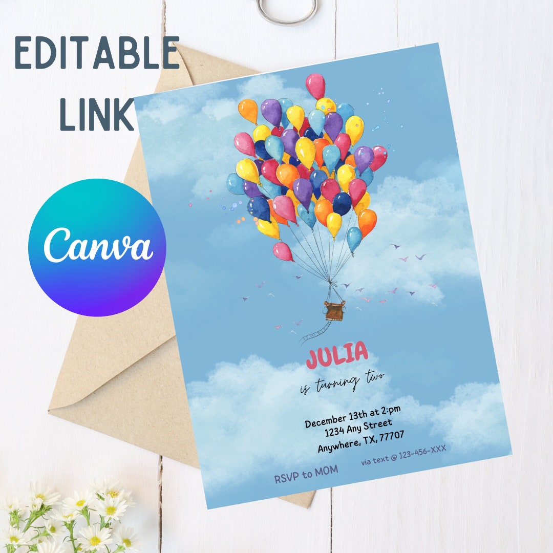 Soft-colored Flying Balloon Theme Birthday Invitations - Editable Canva ...