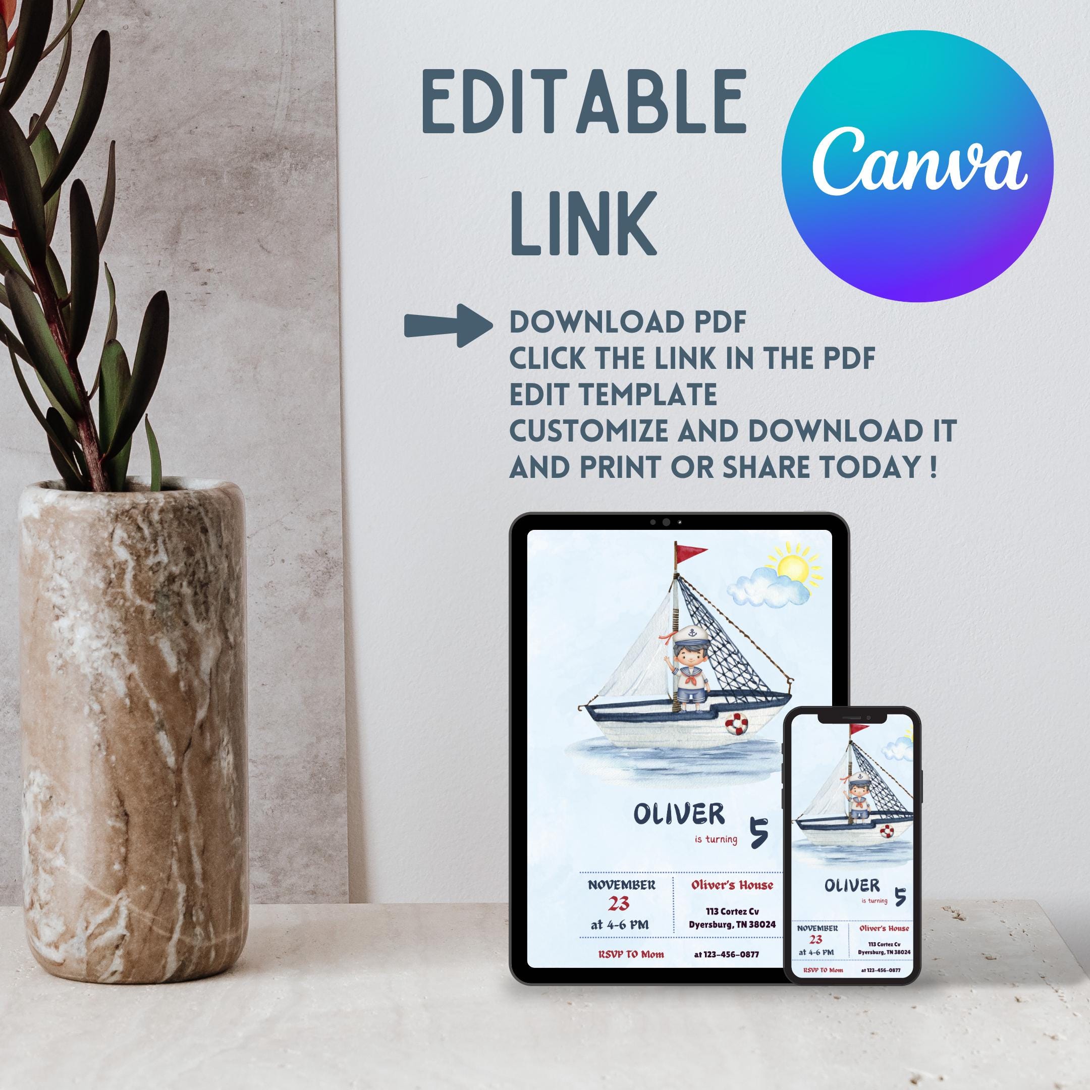 Editable Sailor Birthday Invitation - Nautical Theme Canva Template ...