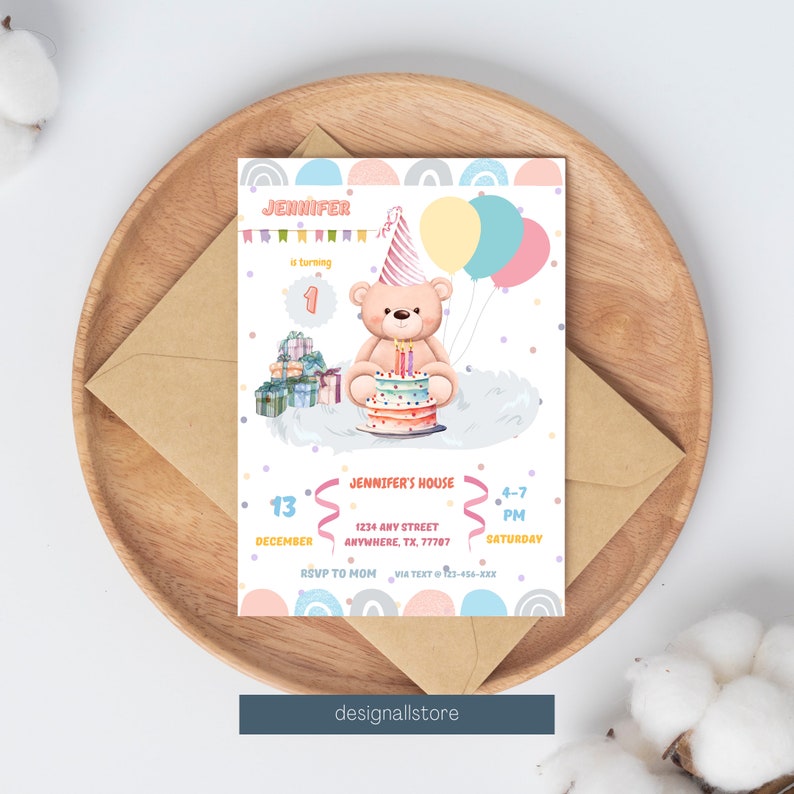 Customizable Birthday Invitation-bear Theme Party Invite - Editable ...