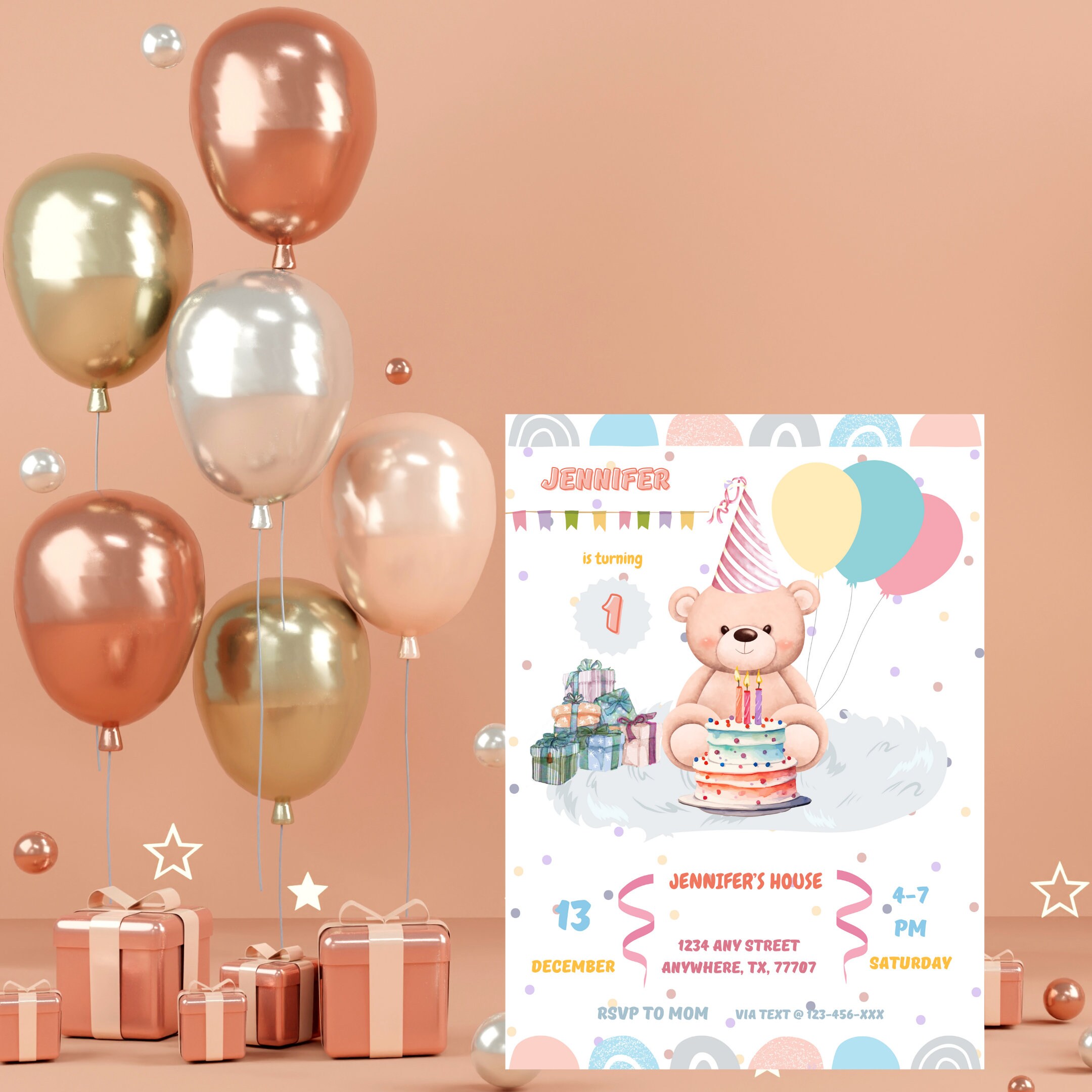 Customizable Birthday Invitation-bear Theme Party Invite - Editable ...