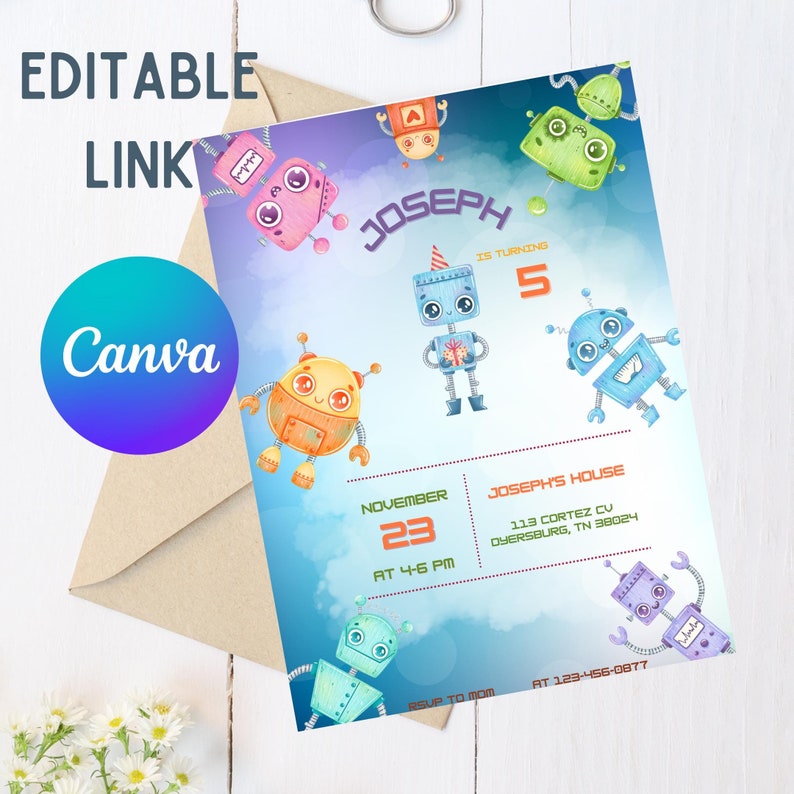 Customizable Birthday Invitation - Adorable Robot Theme Party Invite ...