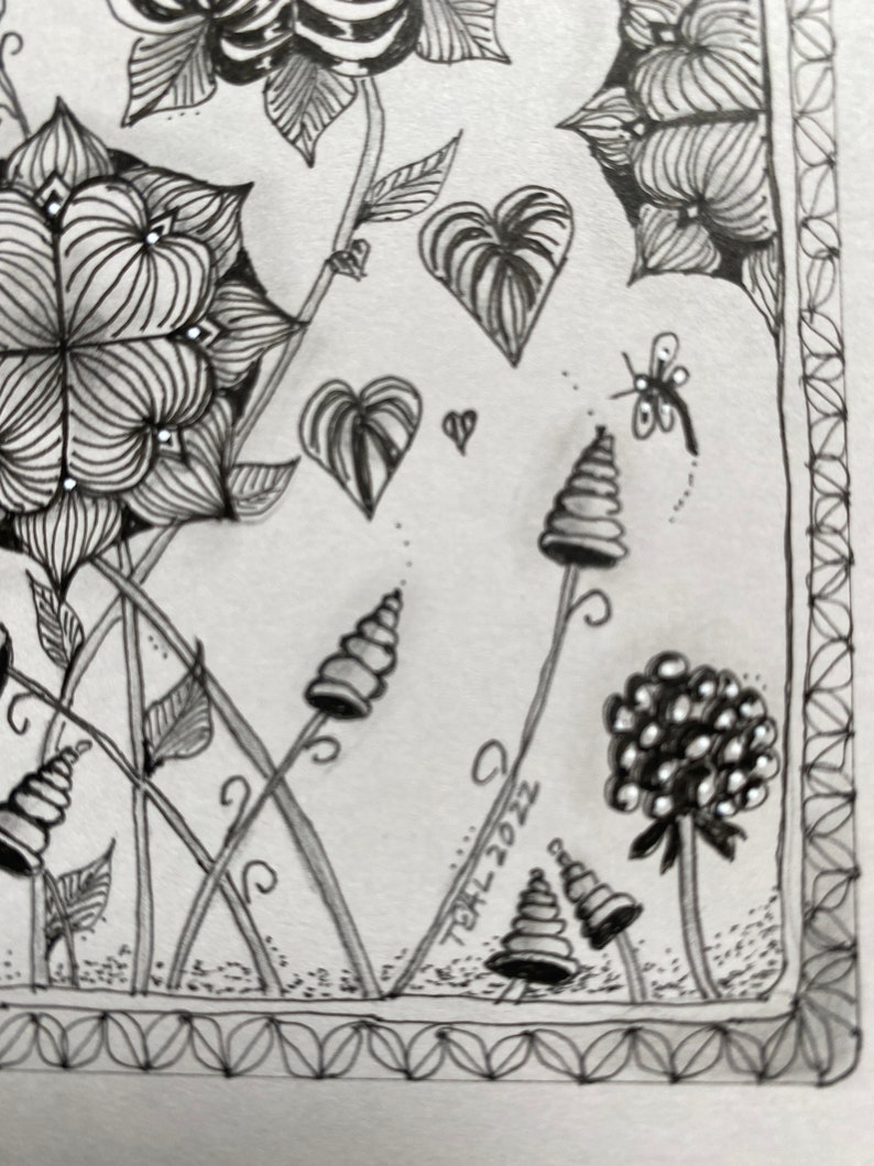 Whimsical Zentangle Inspired Garden W/dragonflies, Hand Drawn and ...