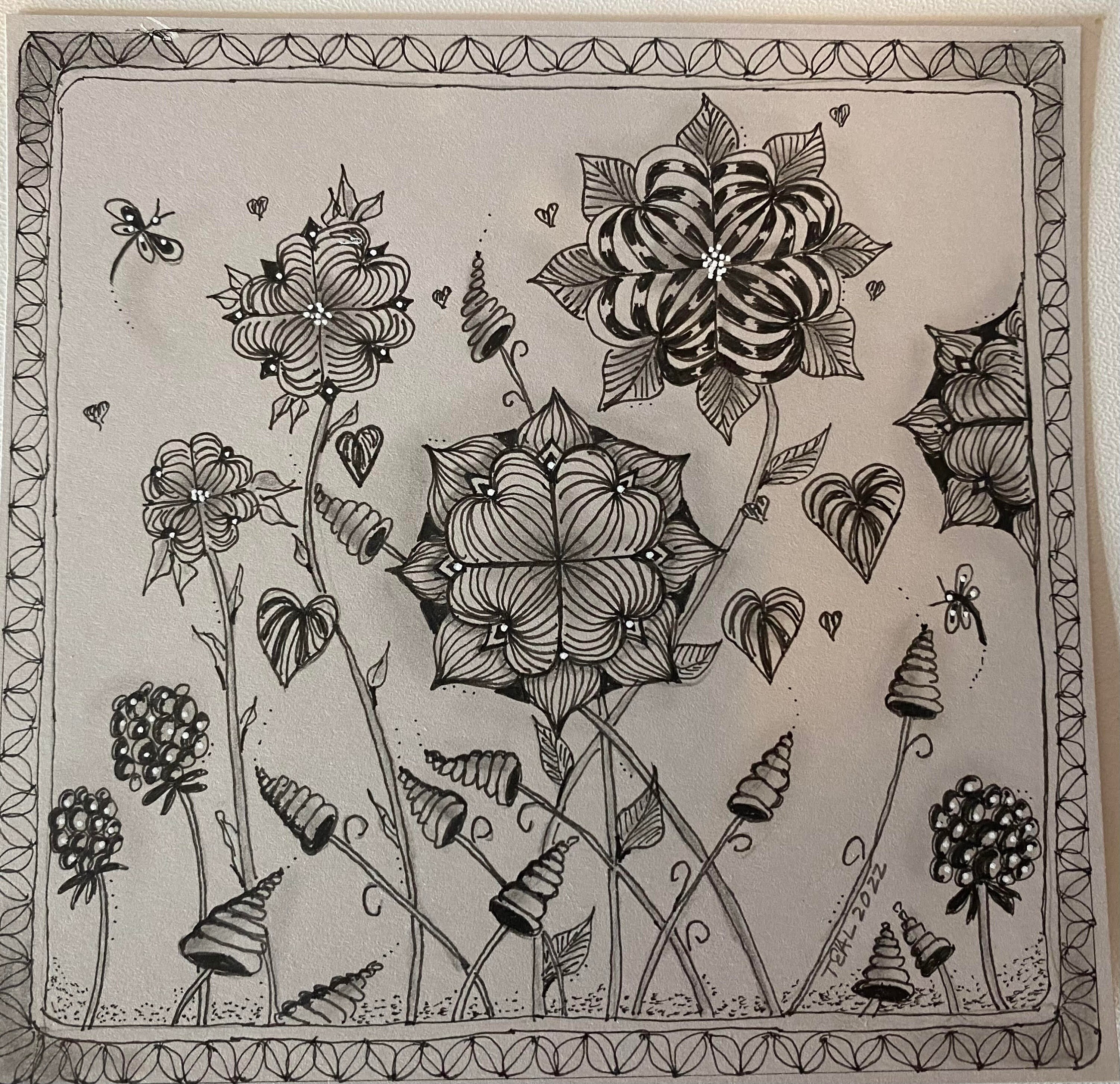Whimsical Zentangle Inspired Garden W/dragonflies, Hand Drawn and ...
