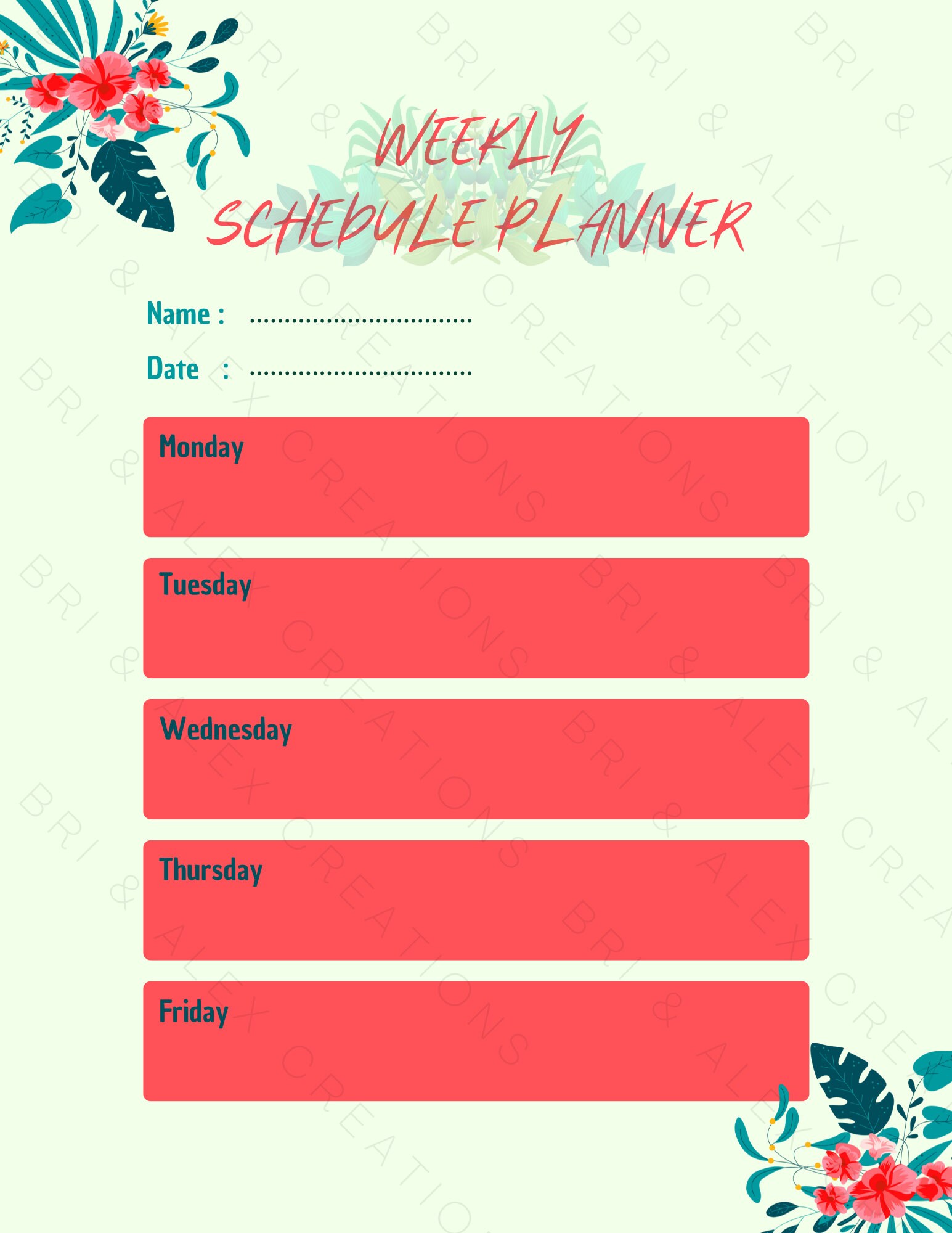 Pink Tropical, Weekly Schedule Planner, PNG, 2 PNG Files - Etsy