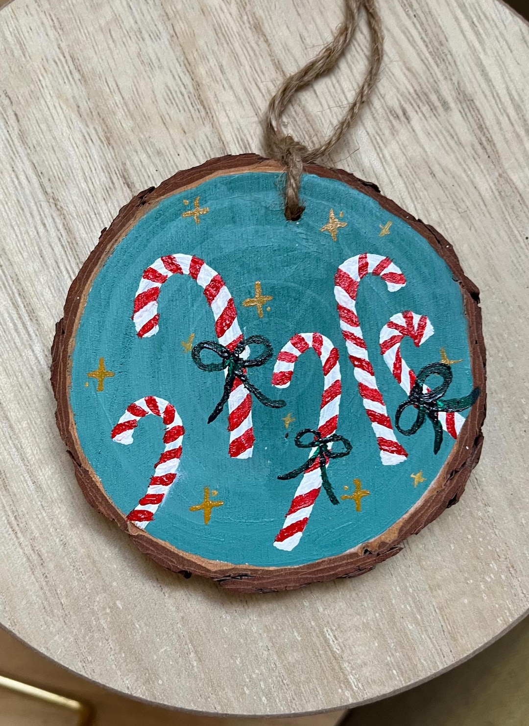 Candy Cane & Bows Hand-painted Wooden Christmas Ornament - Etsy