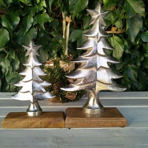 PAIR Christmas Tree Festive Ornaments Silver Coloured on Wood Plinth - Etsy