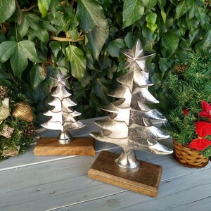 PAIR Christmas Tree Festive Ornaments Silver Coloured on Wood Plinth - Etsy