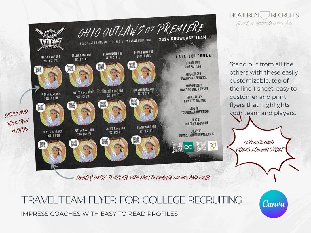 Sports Recruiting Profile Sheet: 12 Player Template (canva Printable ...