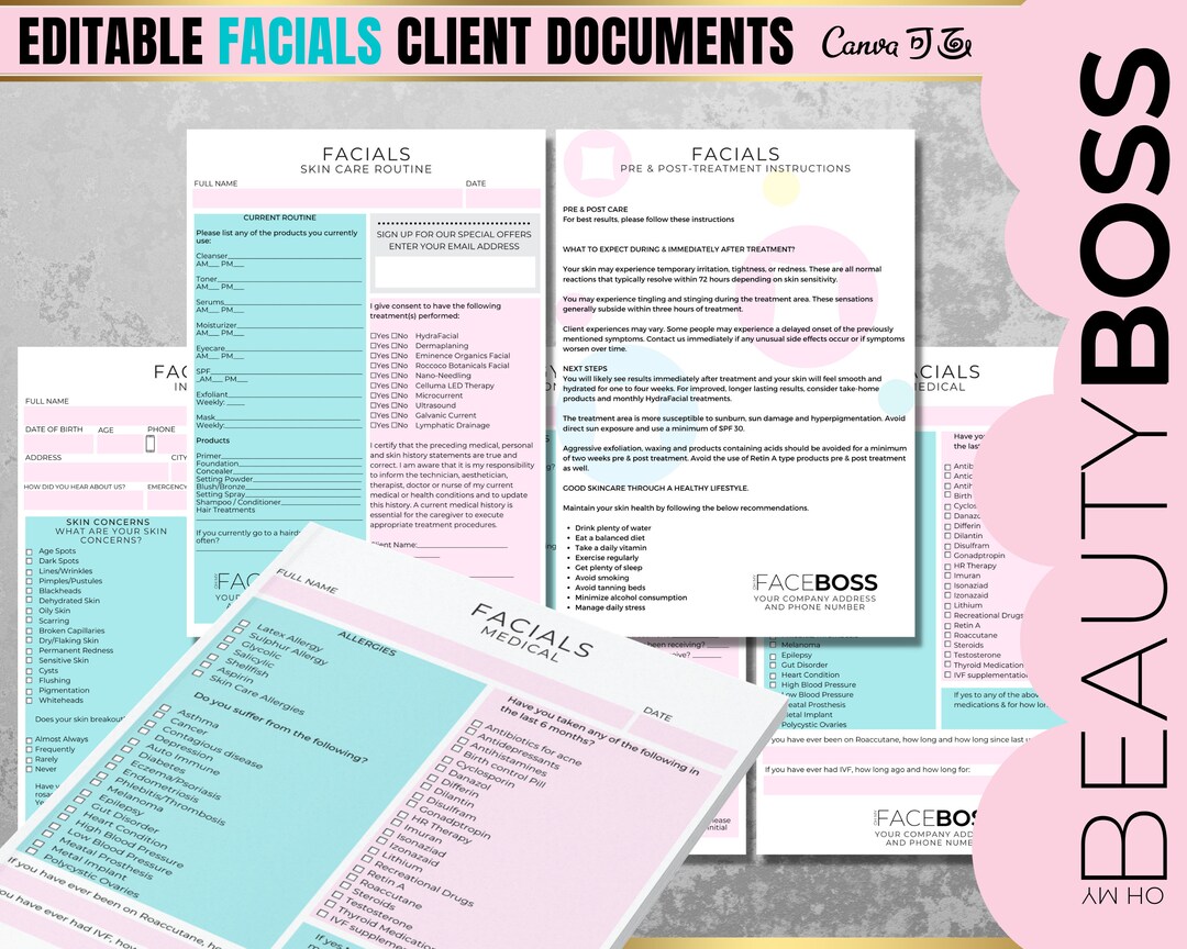 Facials Documents, Consultation Forms, Client Records Cards, Consent ...