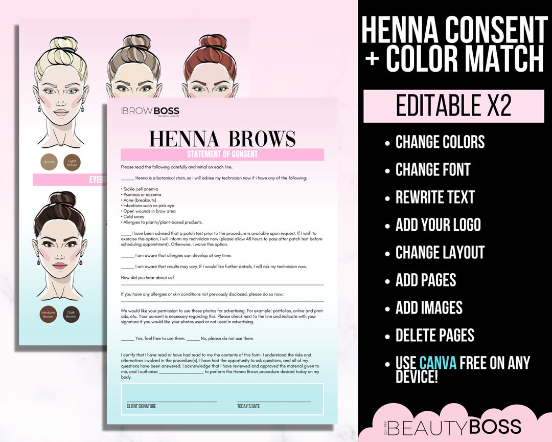 Henna Eyebrows Consent and Color Match Chart, Brow Tinting, Brow Color ...