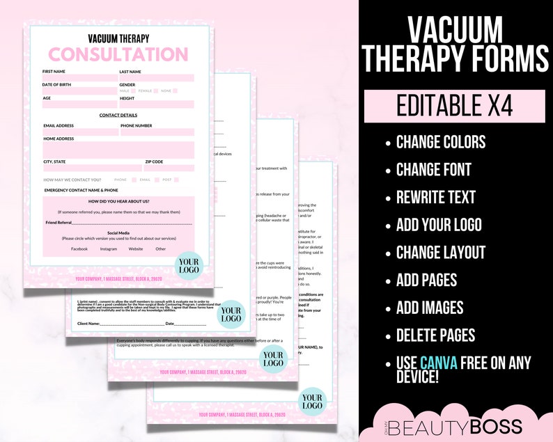 Vacuum Therapy Forms, Buttock Cupping, Butt Lift Consent, Editable Body ...