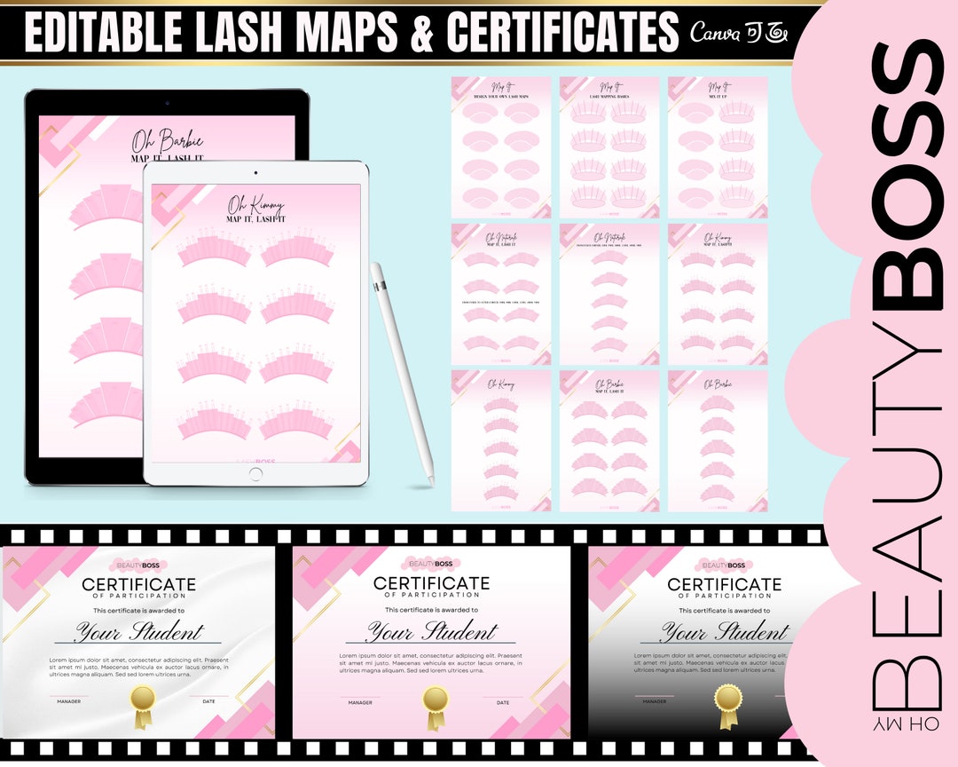 Editable Lash Maps & Lash Certificates, Student Packet, Lash Practice ...