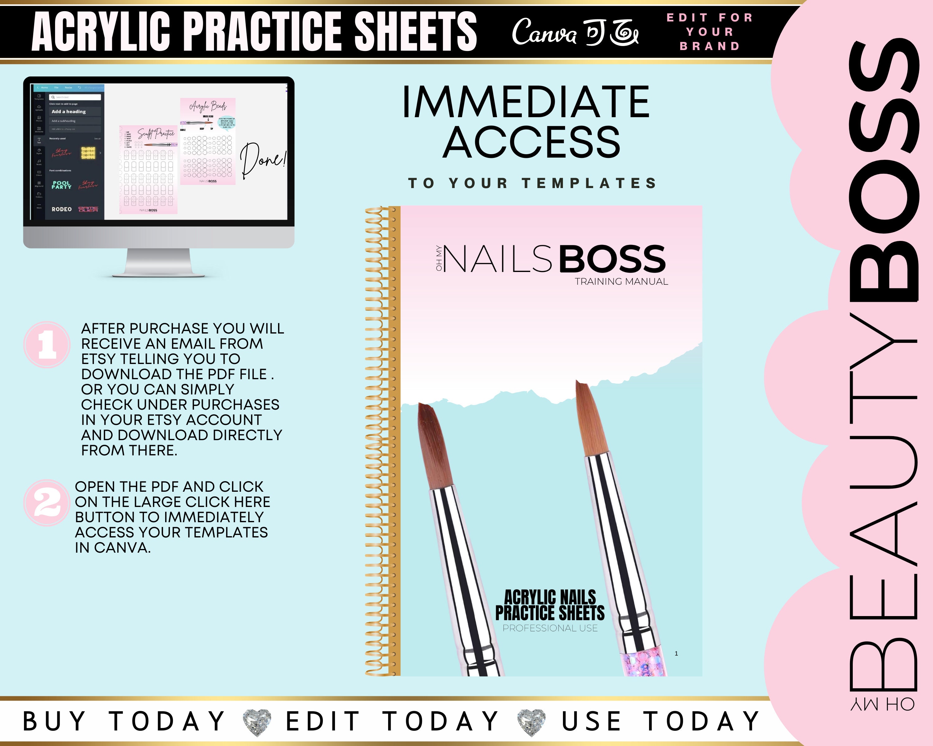 Acrylic Nail Practice Workbook, Bead Ratio Sheets (edit in Canva) - Etsy