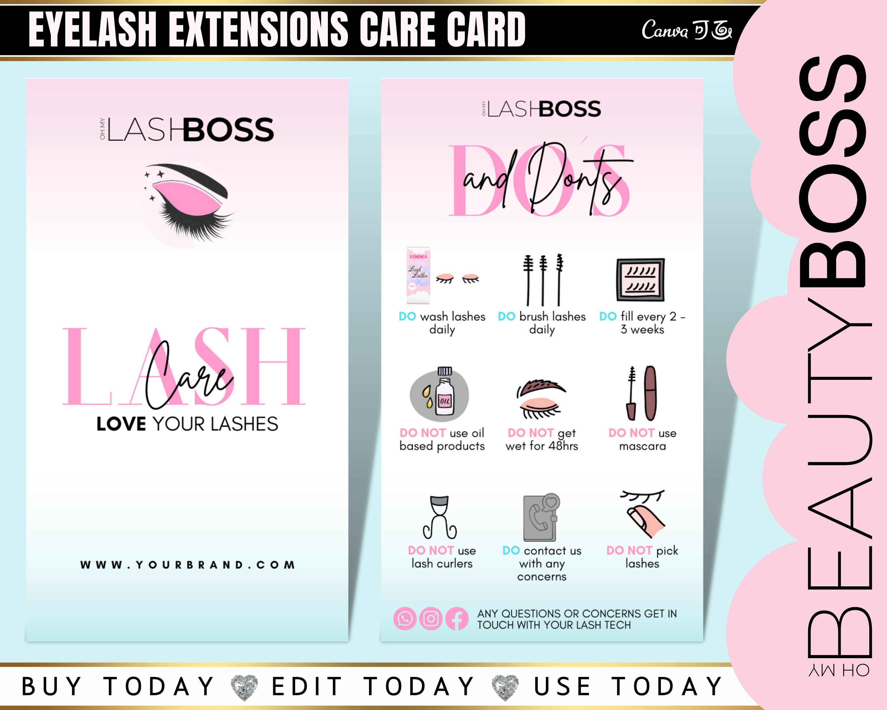 Lash Extensions Client Care Card, Lash Aftercare, Lash Extensions, Lash ...