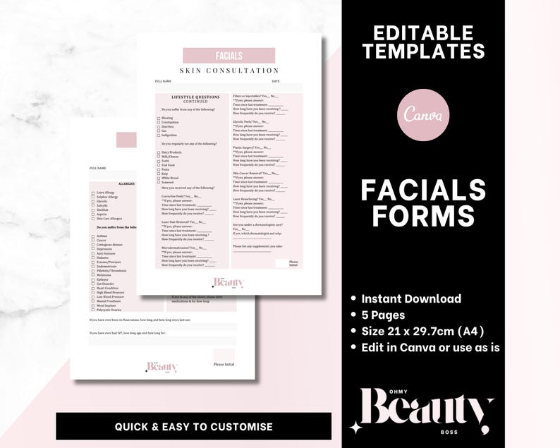 Facial Consultation Forms, Esthetician Client Intake (edit in Canva) - Etsy