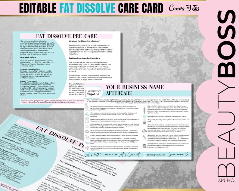 Fat Dissolve Aftercare Card, Client Documents, Fat Dissolve Forms, Fat ...