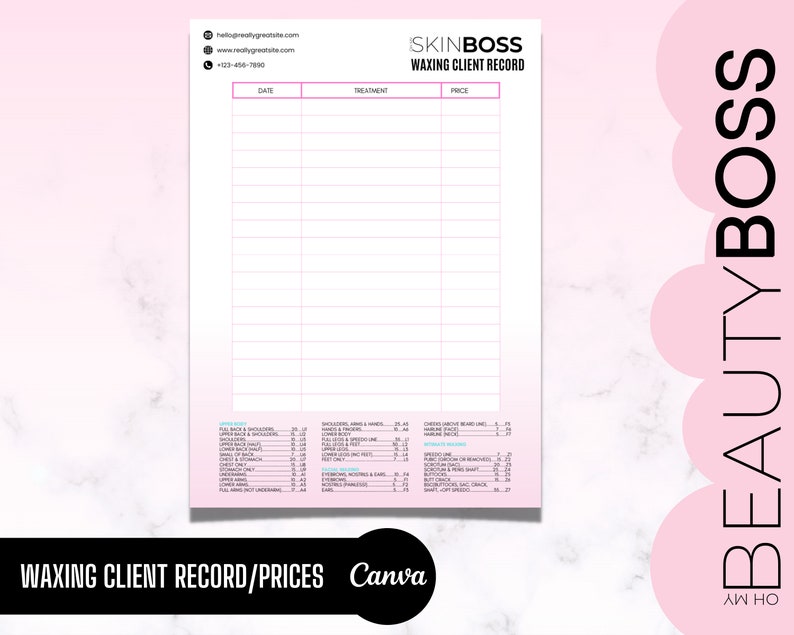 Waxing Record Card, Client Record, Wax Services, Wax Prices, Salon ...