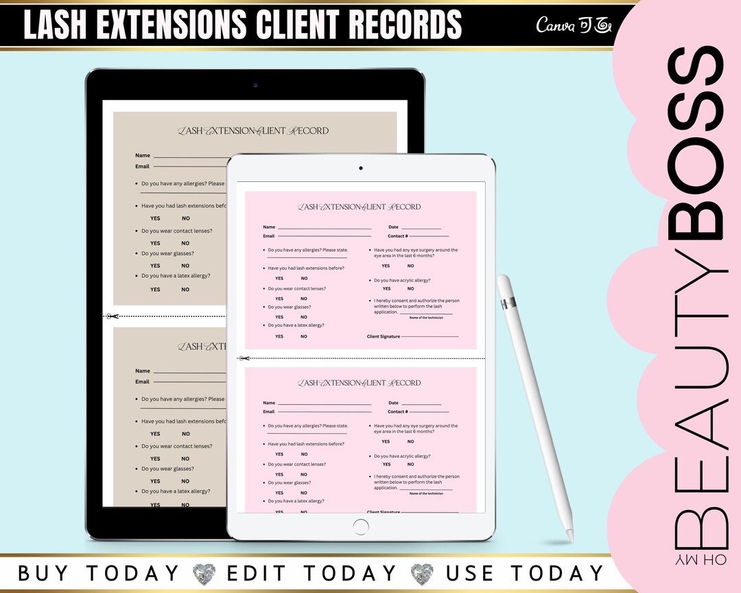 Lash Extensions Client Record Cards, Lash Technician Documents, Editable in Canva - Etsy