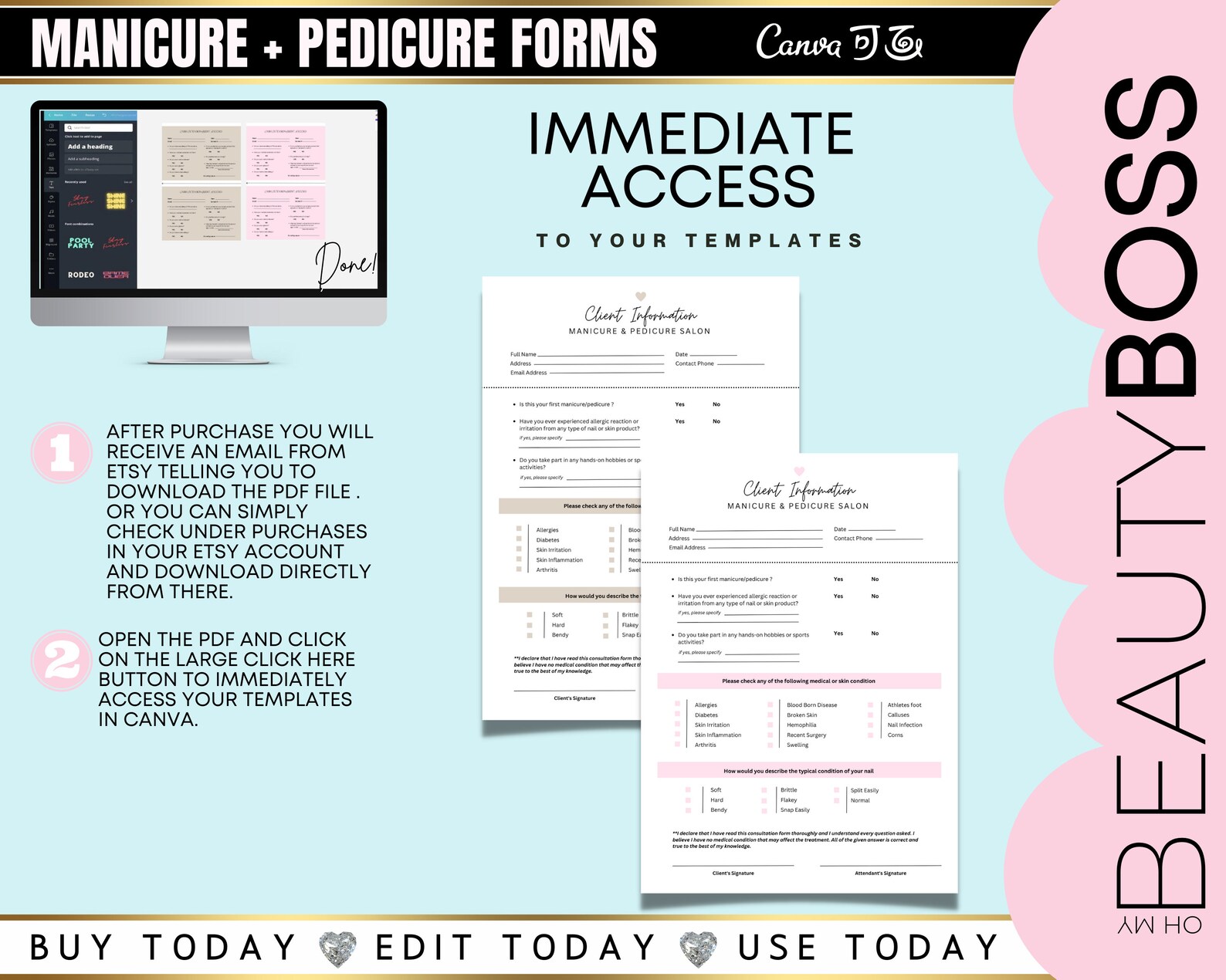 Manicure and Pedicure Documents, Consent Form, Consultation Form, Nail ...