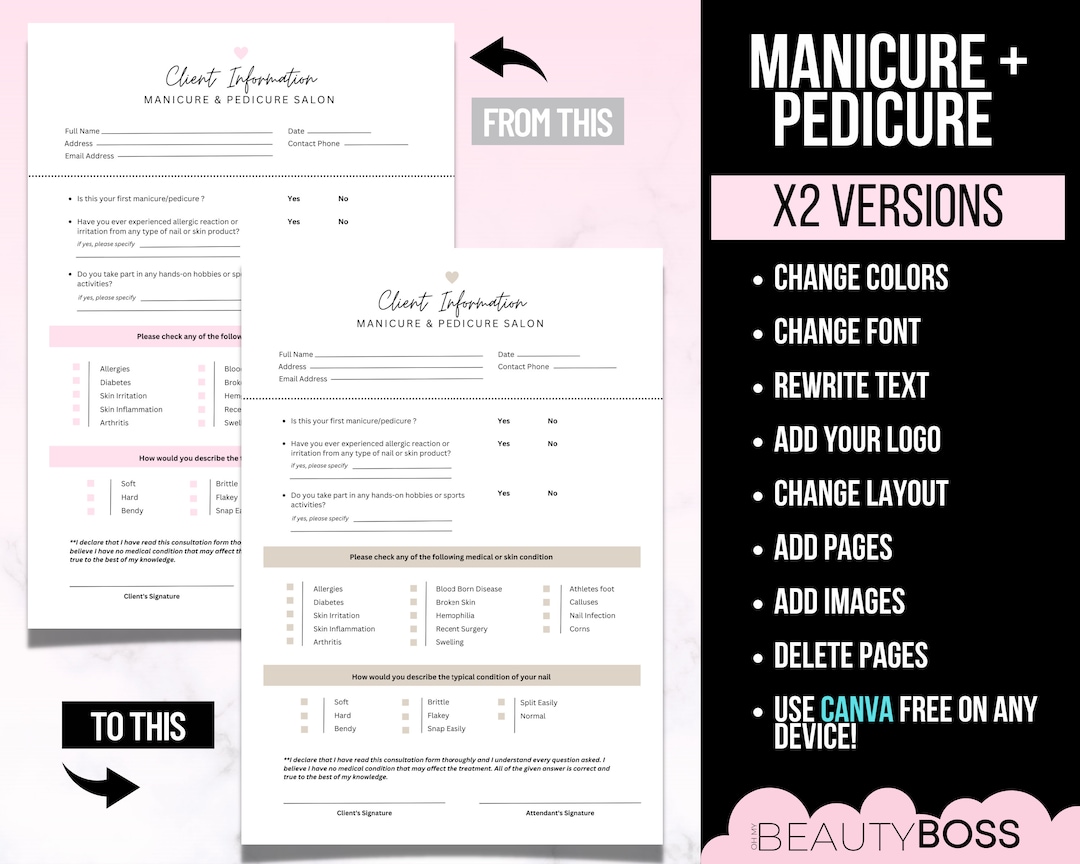 Manicure and Pedicure Documents, Consent Form, Consultation Form, Nail ...