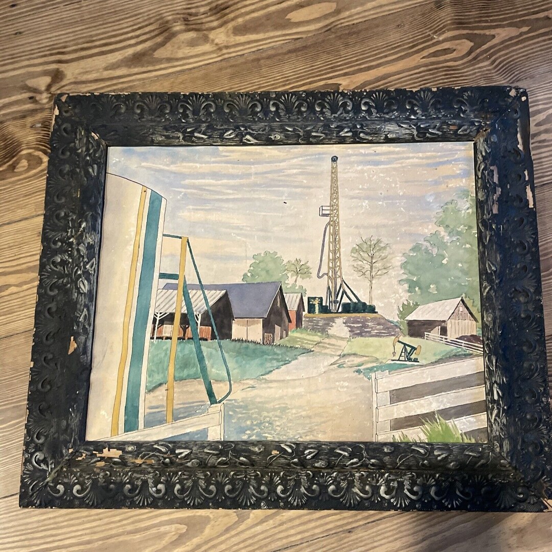Very Old Texas Oil Rig Industrial Art Watercolor in A Elegant Carved ...
