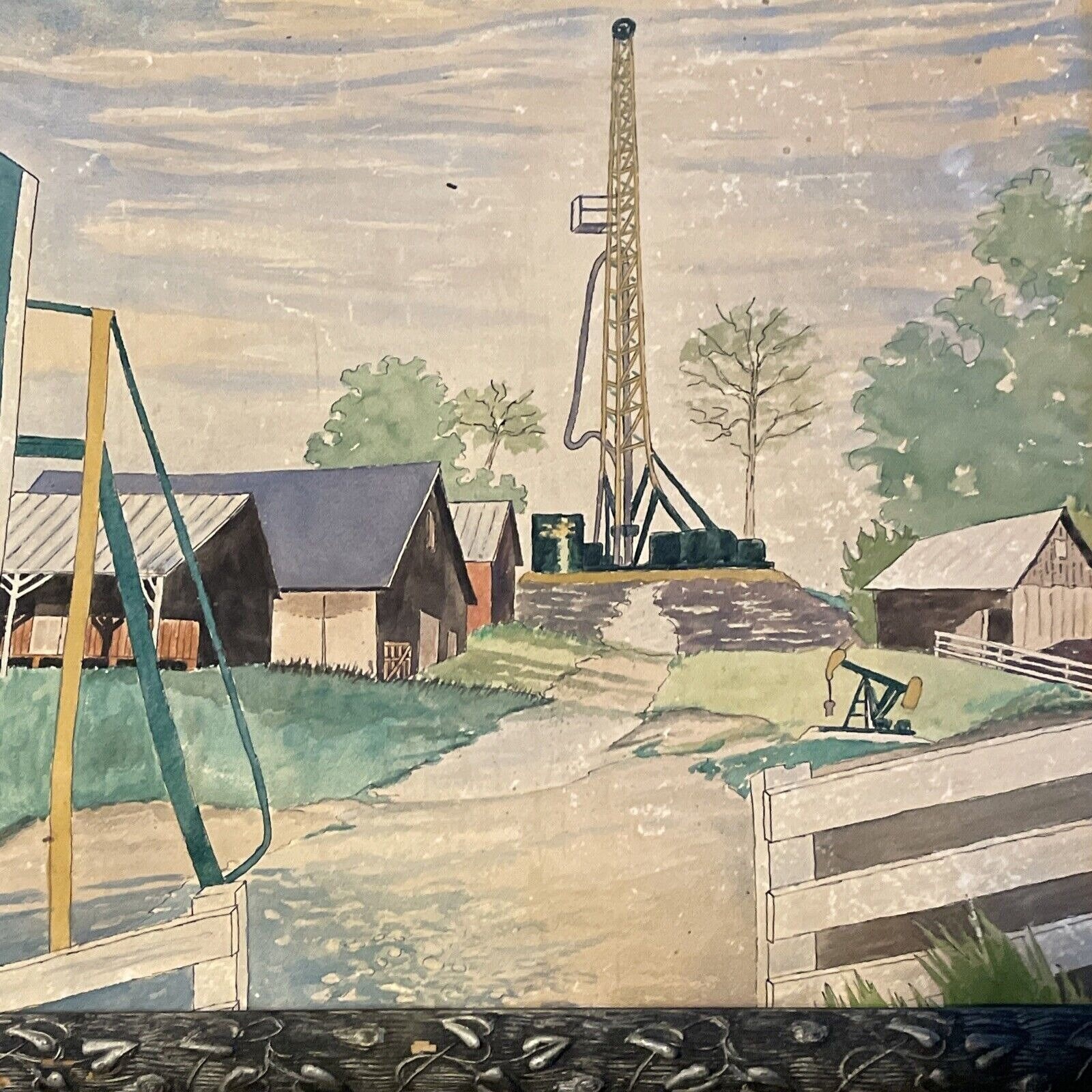 Very Old Texas Oil Rig Industrial Art Watercolor in A Elegant Carved ...