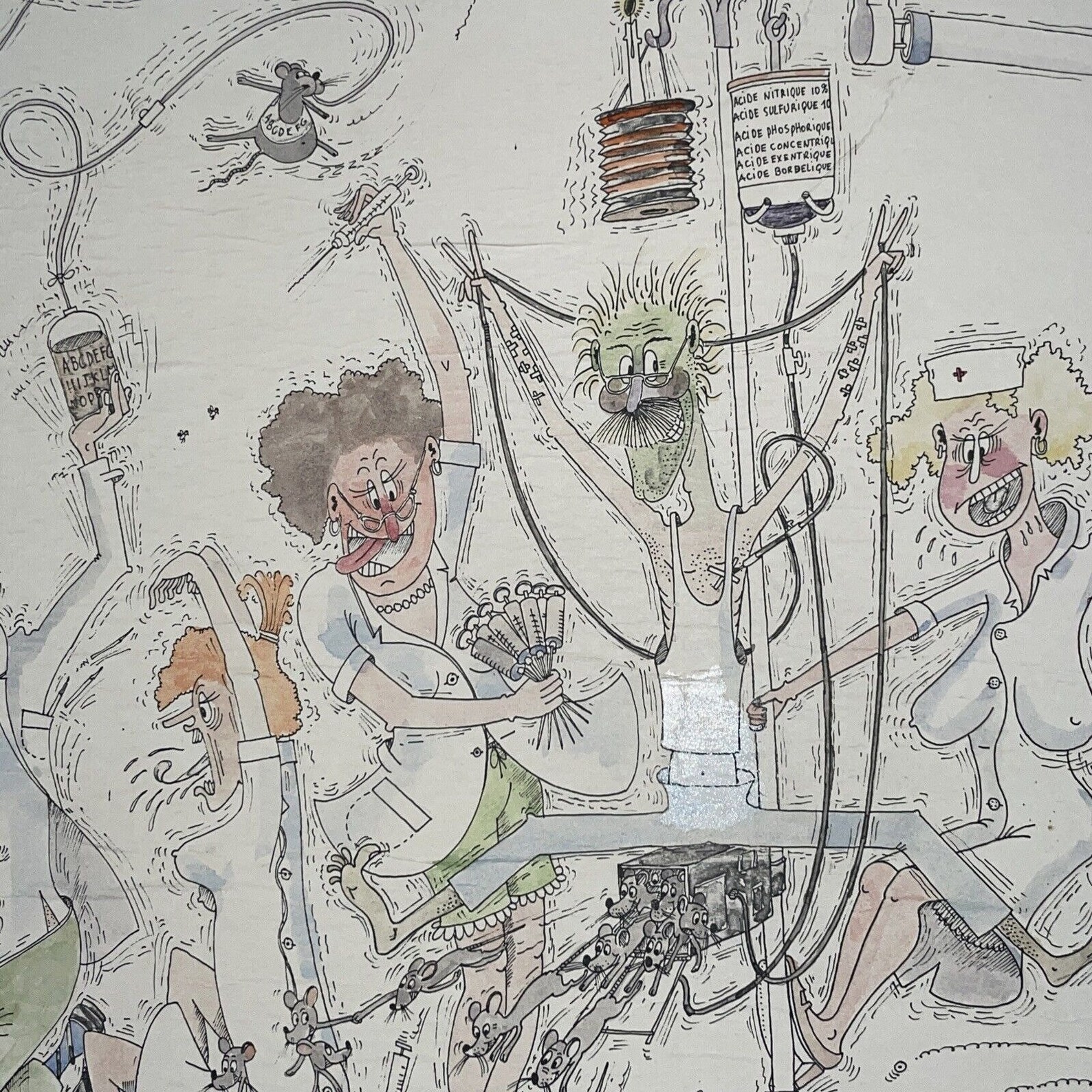 Well Executed French Watercolor Mixed Media Hospital Cartoon Painting ...
