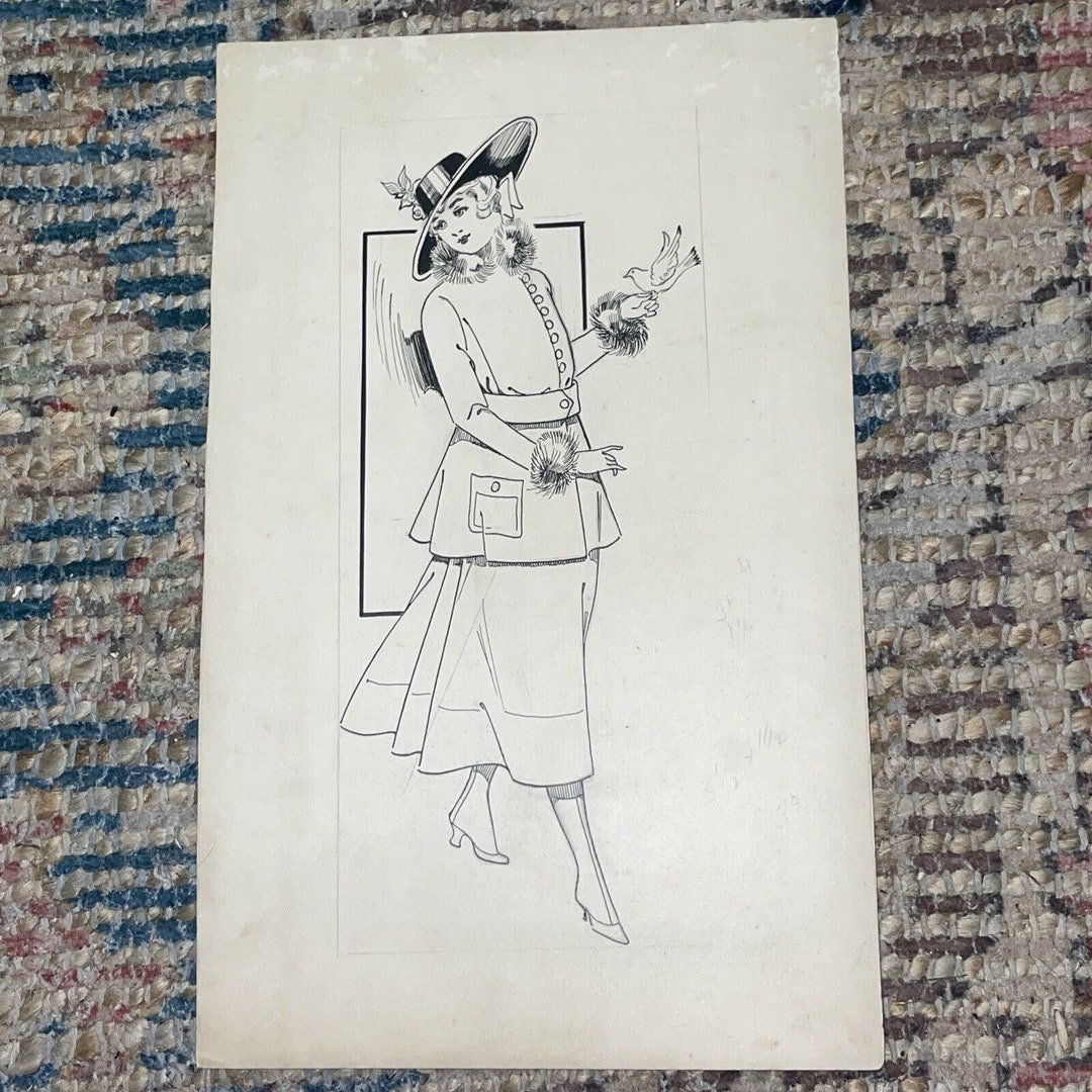 Corca 1940s Pen and Ink Fashion Drawing - Etsy