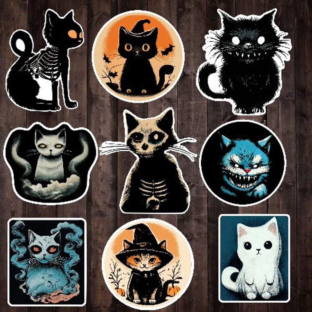 9 Creepy Cats Vinyl Stickers | Halloween Cats - Etsy