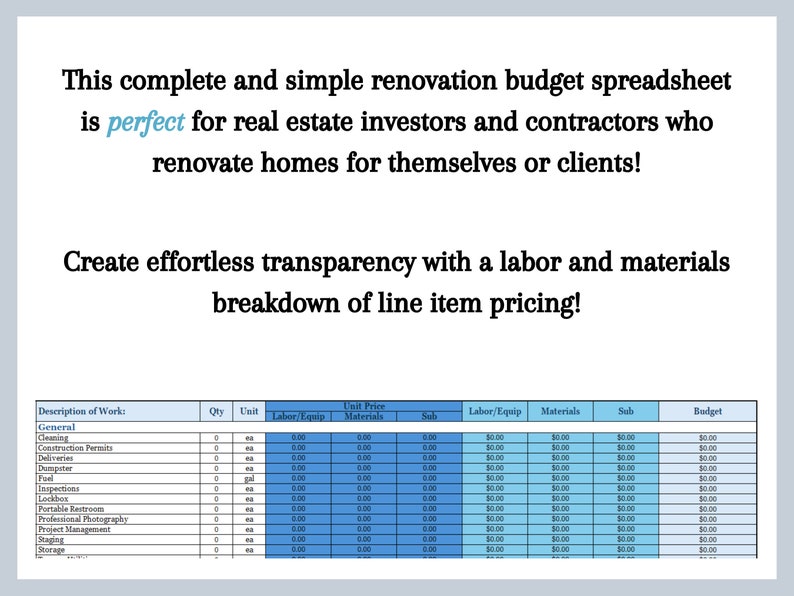 Complete Home Renovation Budget Spreadsheet | Master Rehab Planner ...