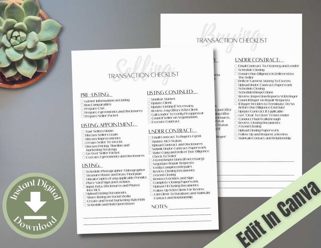 Real Estate Transaction Checklist | Selling Checklist | Buying ...