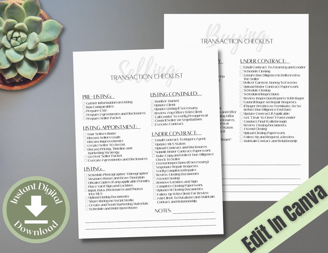 Real Estate Transaction Checklist | Selling Checklist | Buying ...