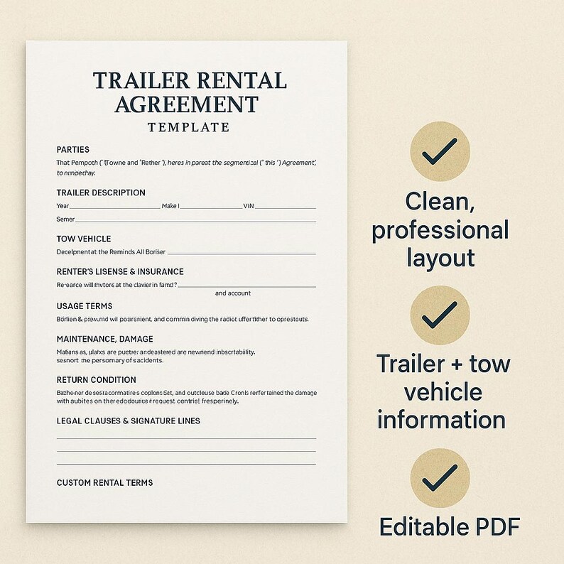 Professional Trailer Rental Agreement Template | Editable PDF | Tow ...