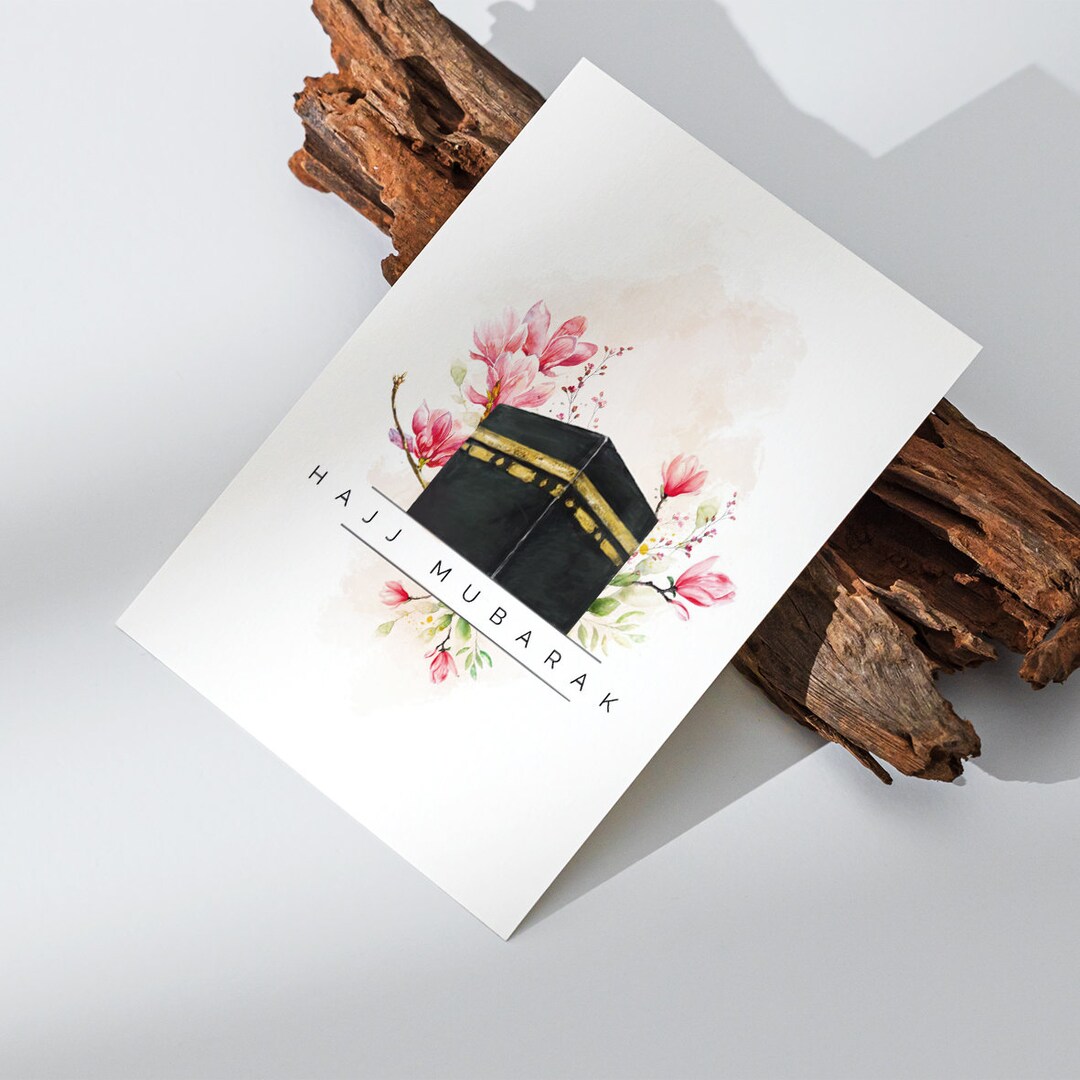 Hajj Mubarak Linen Card With Flowers Watercolor and Kaaba Card Muslim ...