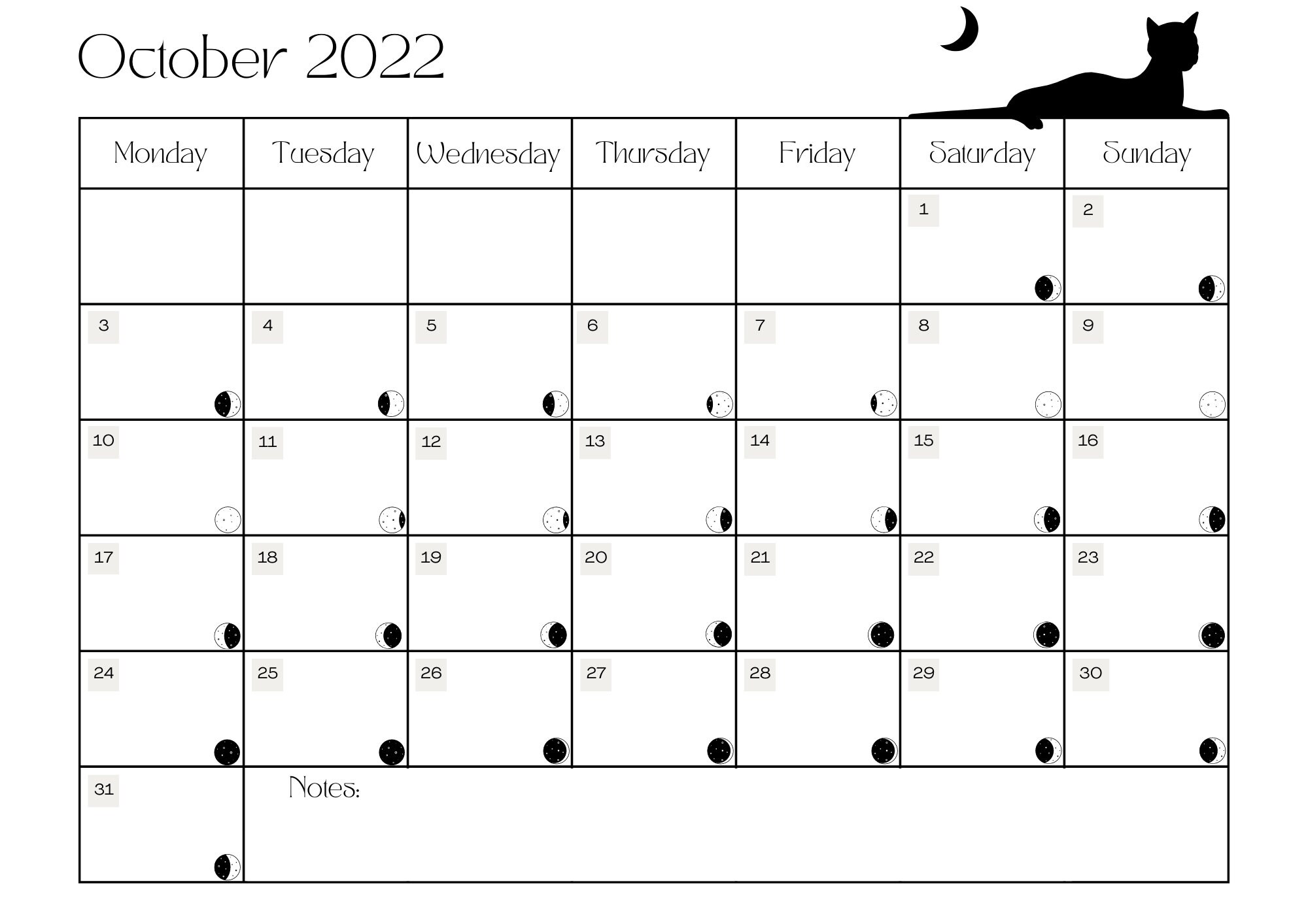 Moon Calendar October 2022