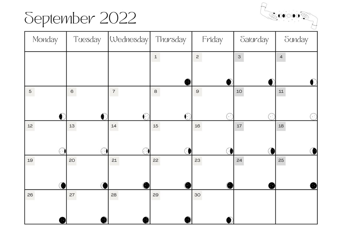 September 2022 Moon Phase Calendar - Etsy