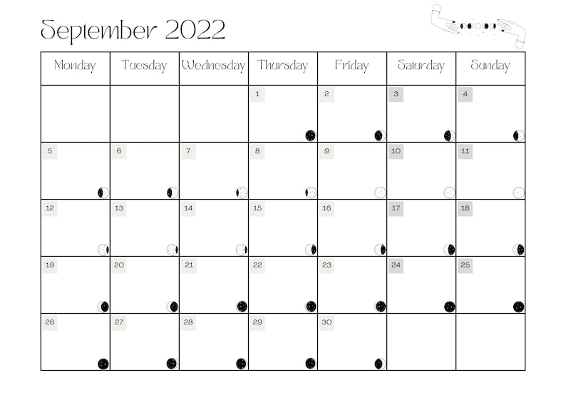 September 2022 Moon Phase Calendar - Etsy