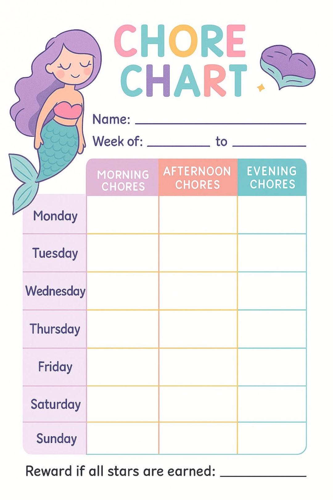 Mermaid Chore Chart for Kids | Printable Weekly Routine Tracker With ...