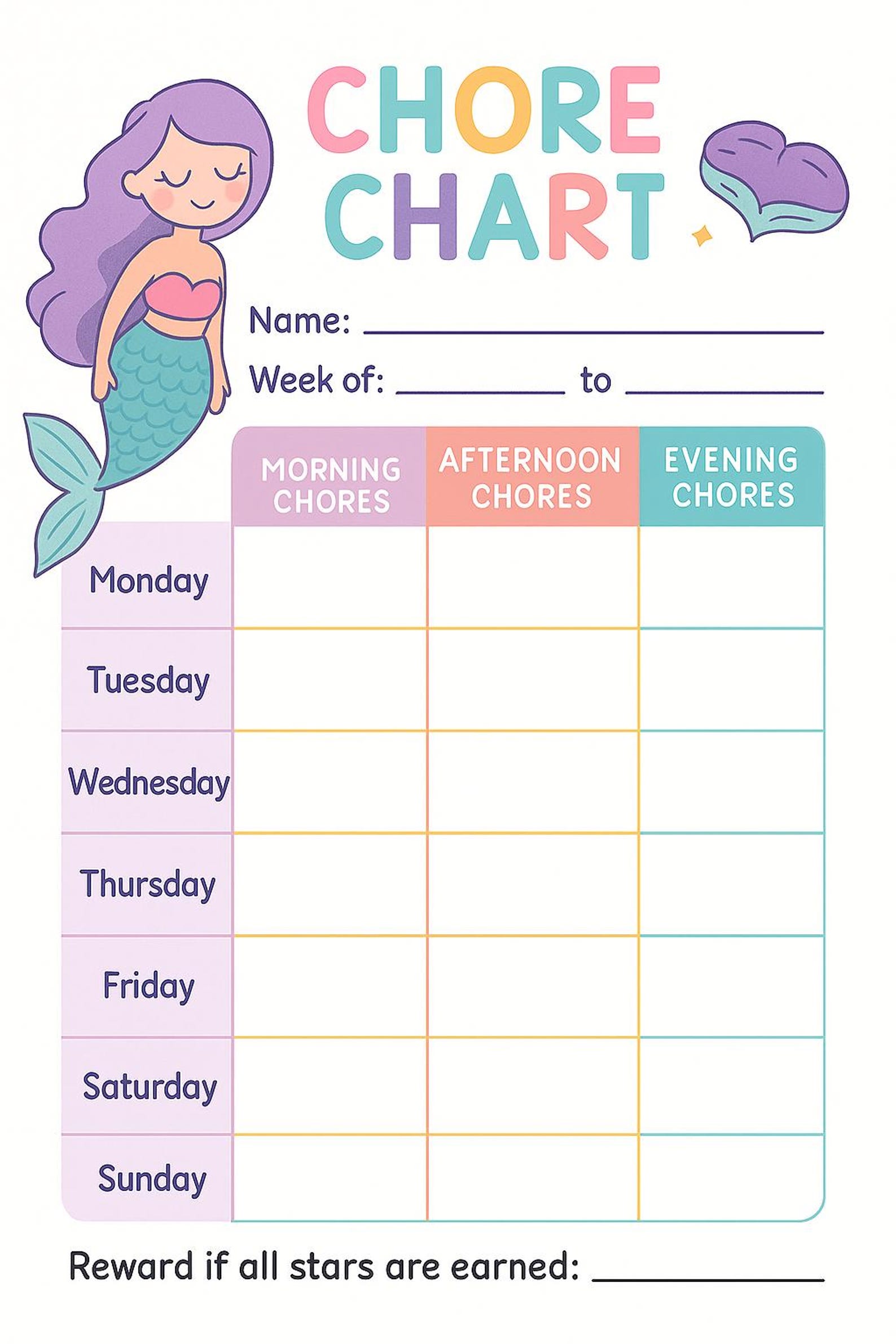 Mermaid Chore Chart for Kids | Printable Weekly Routine Tracker With ...