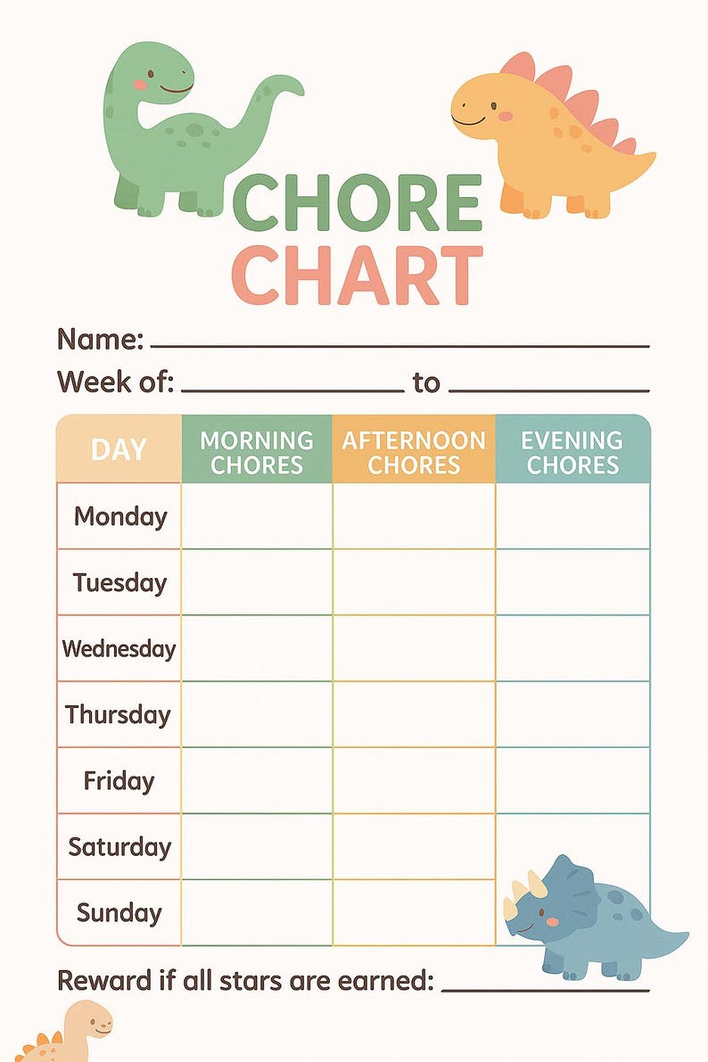 Printable Dinosaur Chore Chart | Cute Weekly Chore Tracker for Kids ...