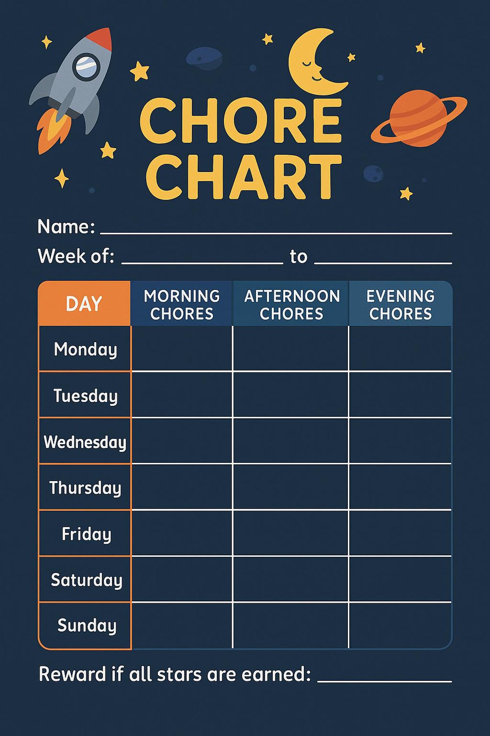 Printable Space Chore Chart | Cute Weekly Chore Tracker for Kids With ...