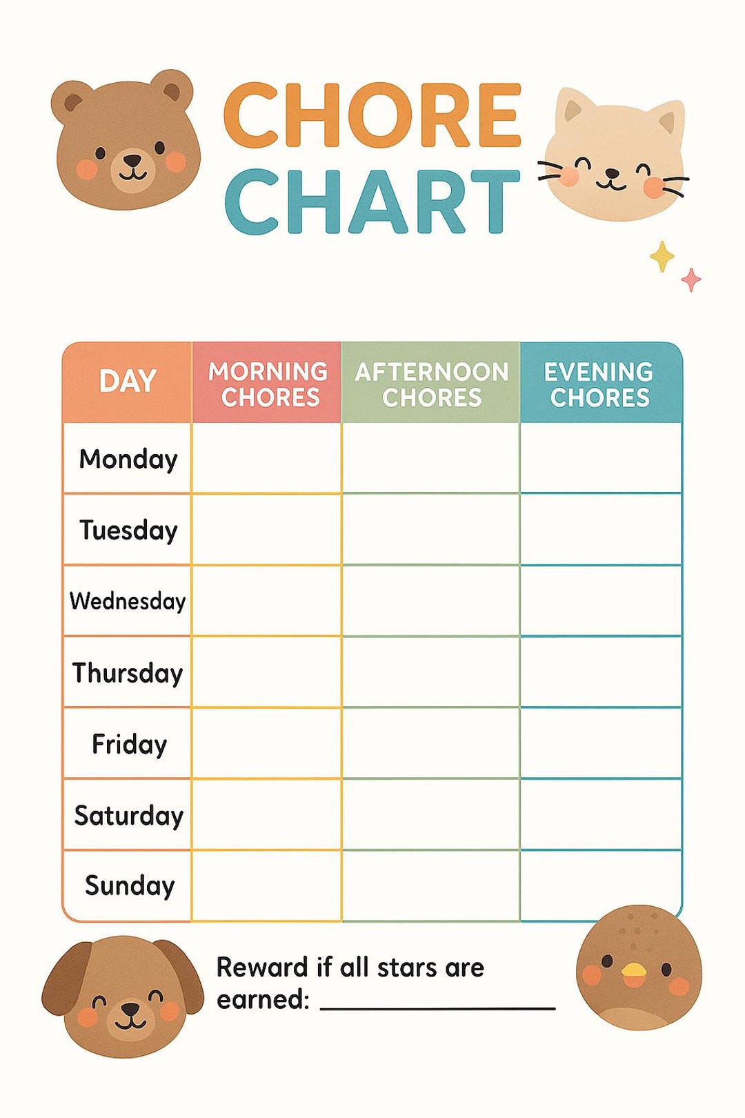 Printable Animal Chore Chart | Cute Weekly Chore Tracker for Kids With ...