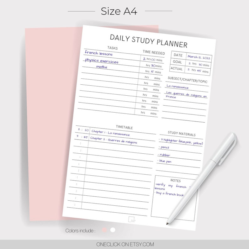 Daily Study Planner Printable PDF Instant Download A4 - Etsy