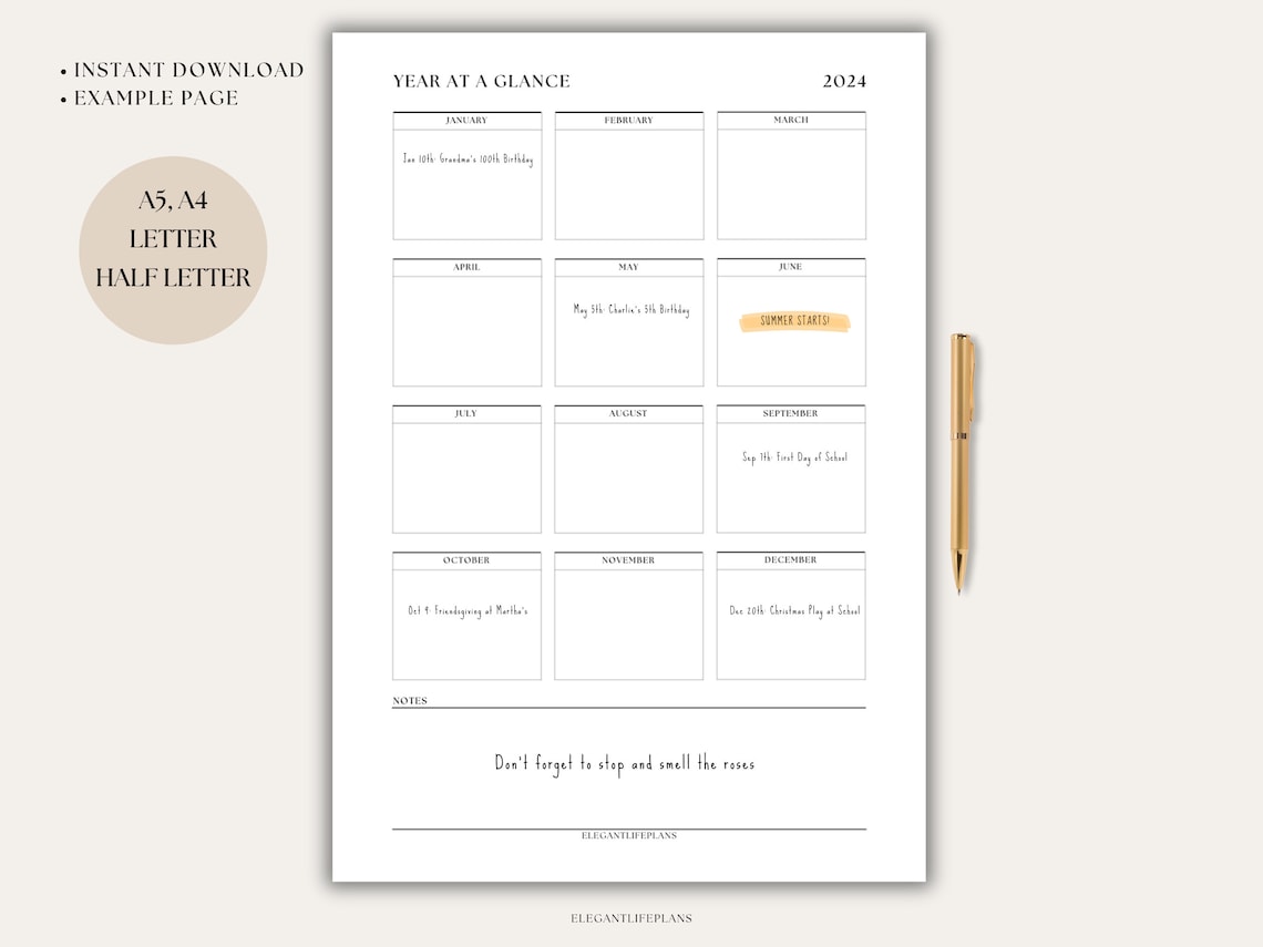 2024 Year at a Glance Printable Planner Template, Annual Overview on ...